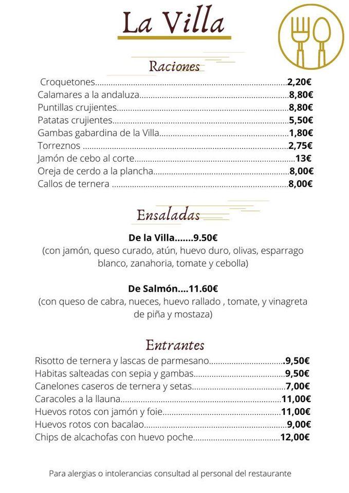 Menu at La Villa restaurant, Binéfar