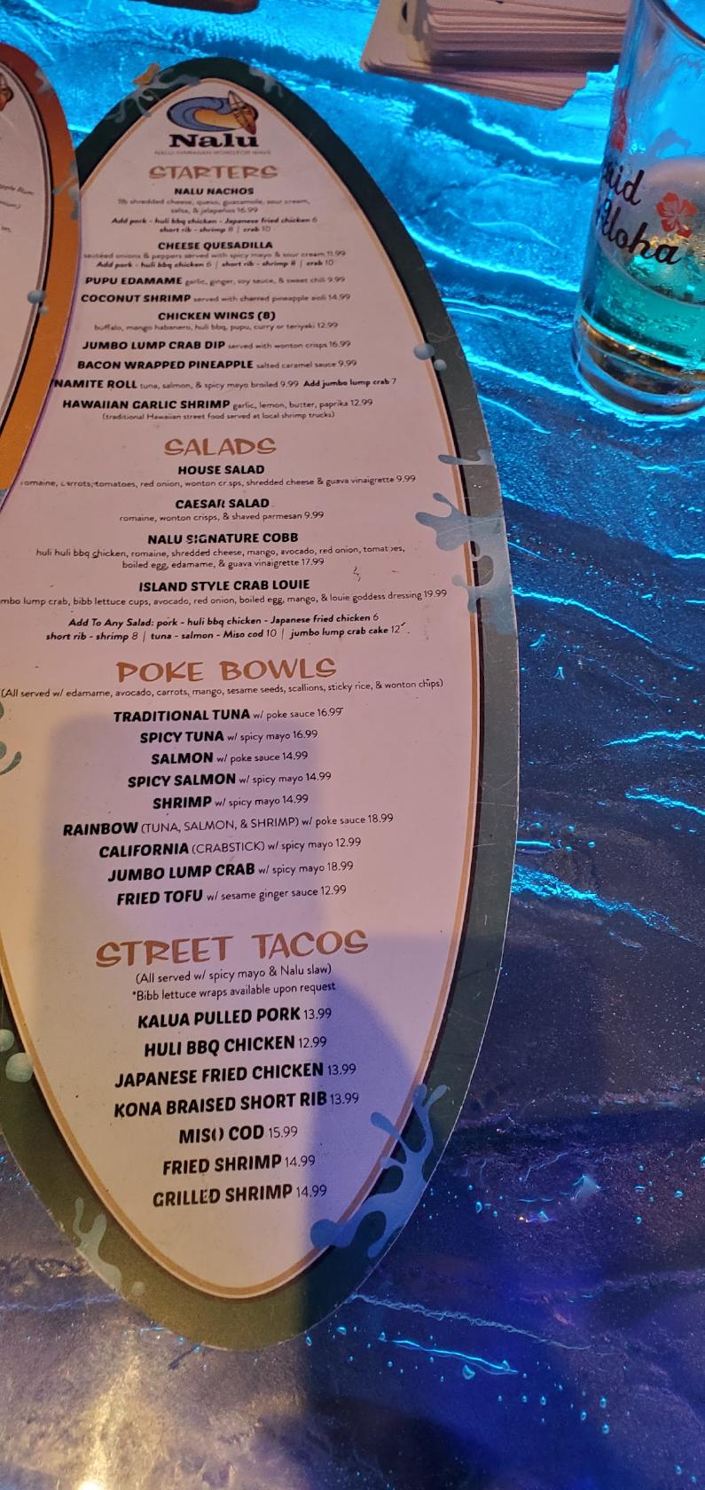 Menu at Nalu restaurant, Rehoboth Beach