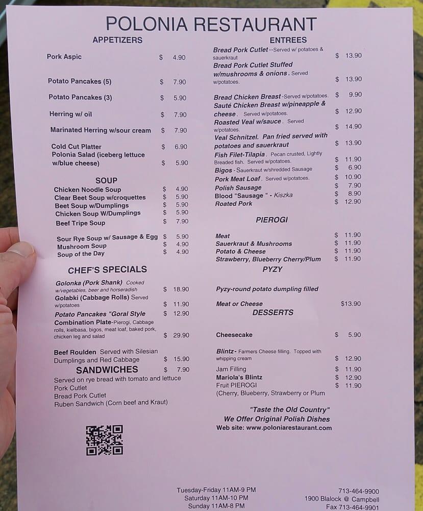 Menu at Polonia restaurant, Houston