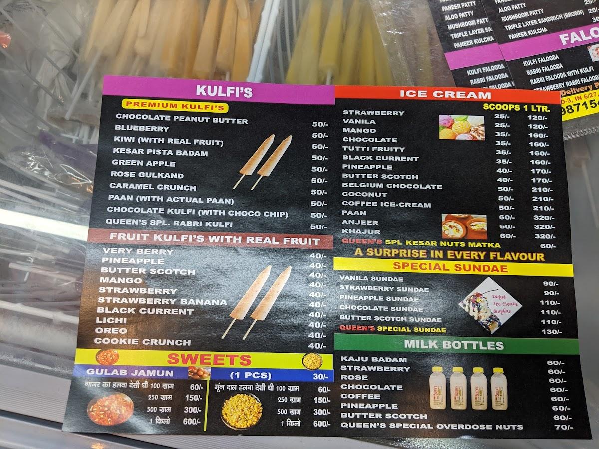 Menu at QUEEN'S KULFI, New Delhi