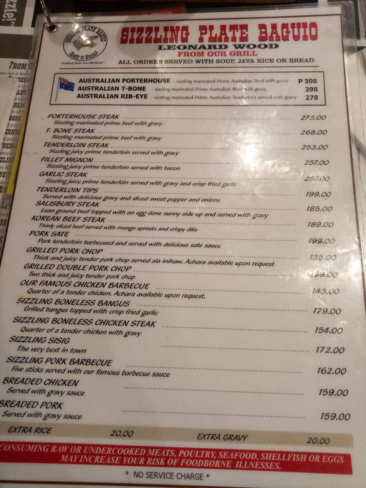 Menu at Sizzling Plate Leonard Wood restaurant, Baguio