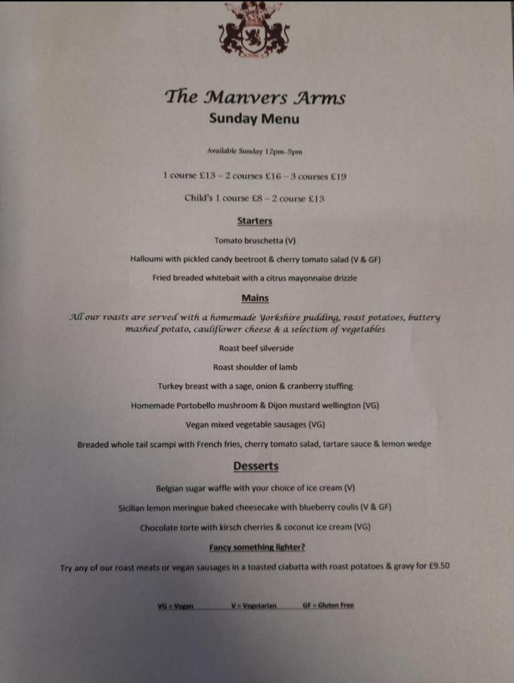 Menu at The Manvers Arms at Cotgrave pub & bar, Nottingham, The Cross