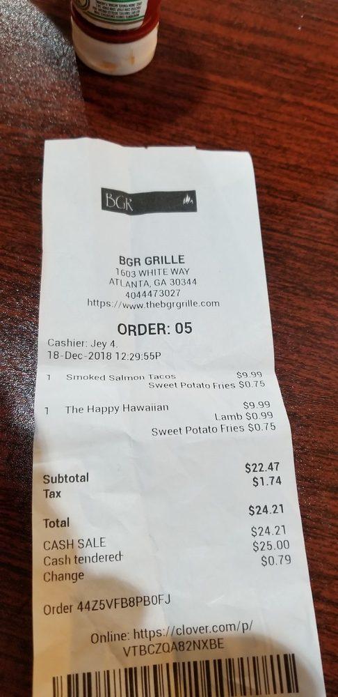 Menu at BGR Grille restaurant, East Point