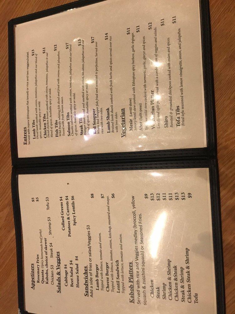 Menu at Blue Nile restaurant, Memphis