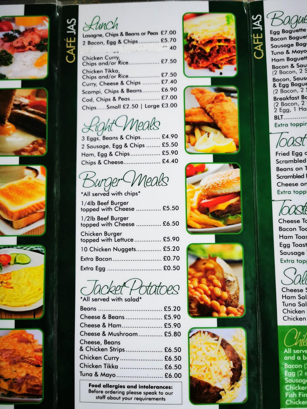 Menu at Cafe Jas, Llanelli