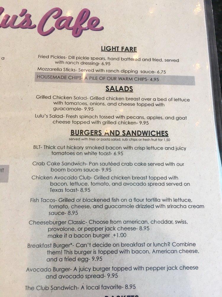 Menu at Lulu's Cafe, Myrtle Beach