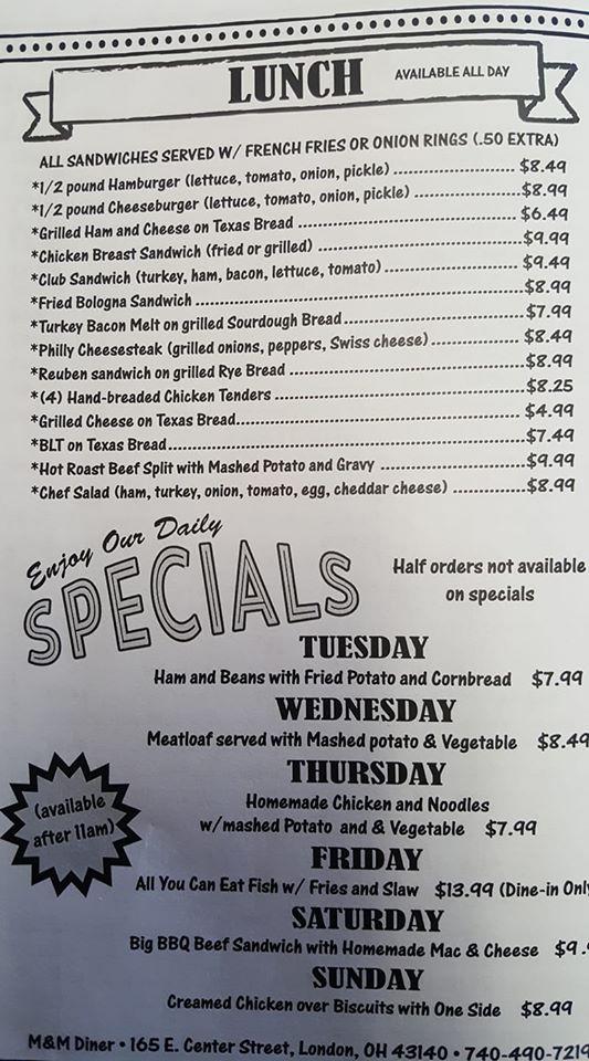 Menu at M&M Diner restaurant, London