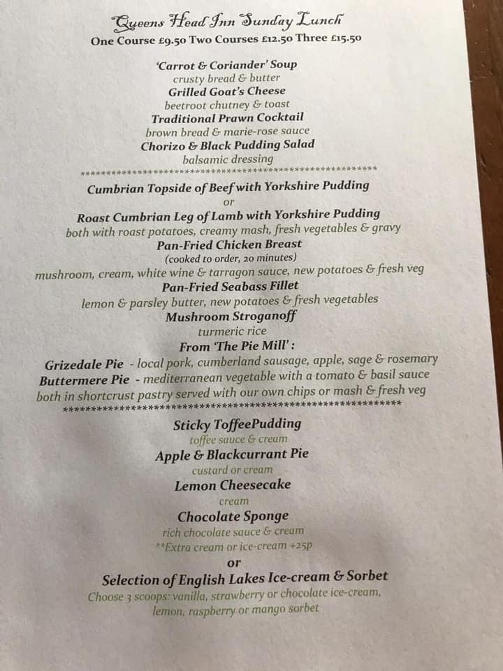 Menu at Queen's Head Inn pub & bar, Penrith