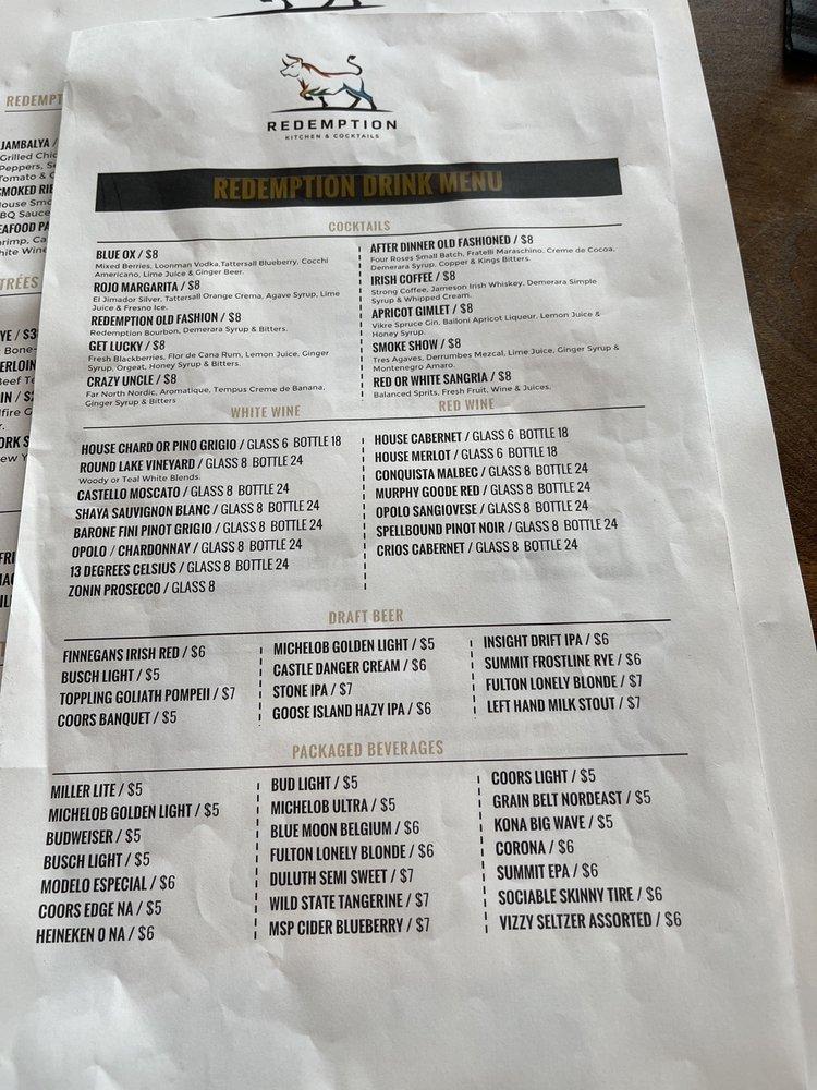 Menu at Redemption Restaurant, Faribault