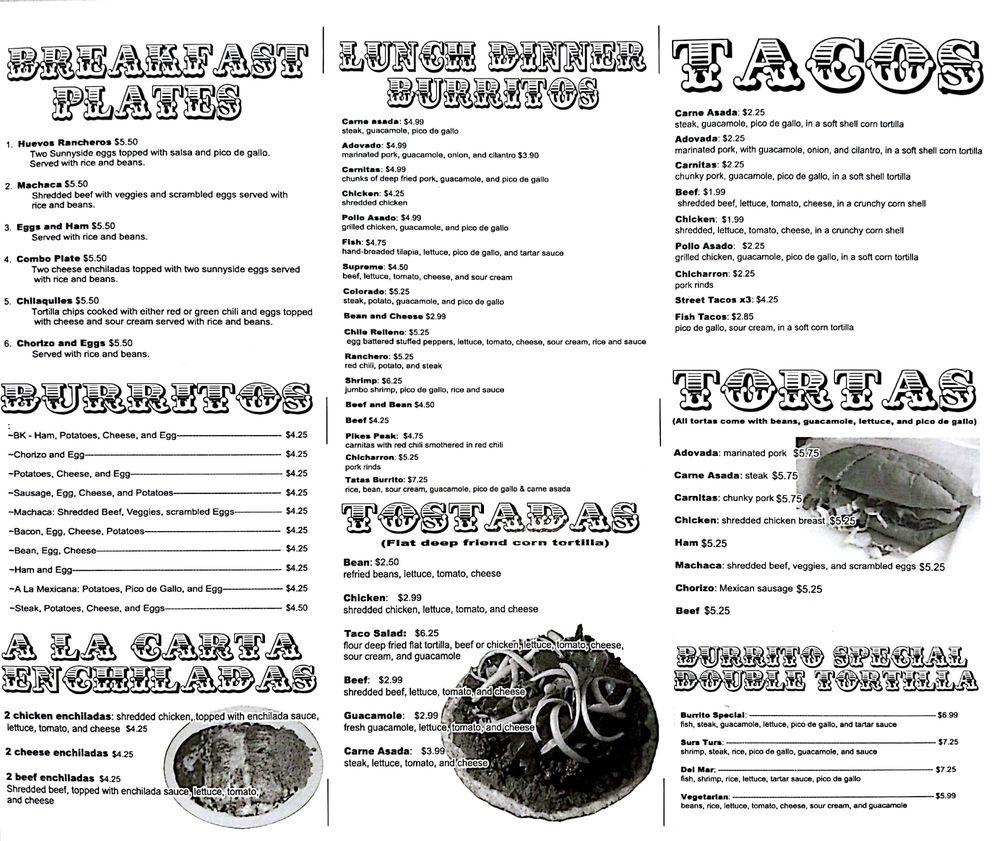 Menu at Tata's Burritos restaurant, Loveland