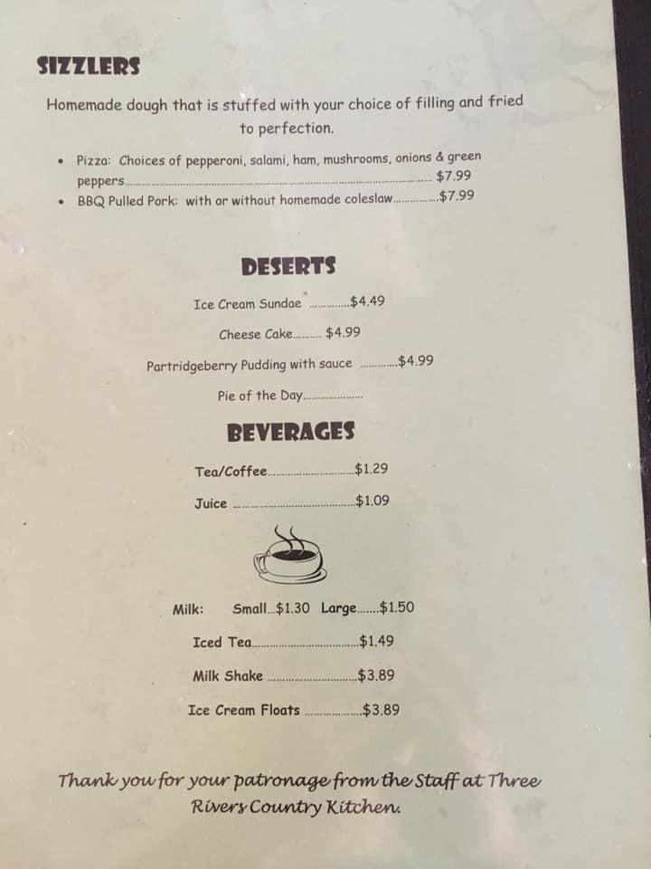 Menu at Three Rivers Country Kitchen restaurant, Badger