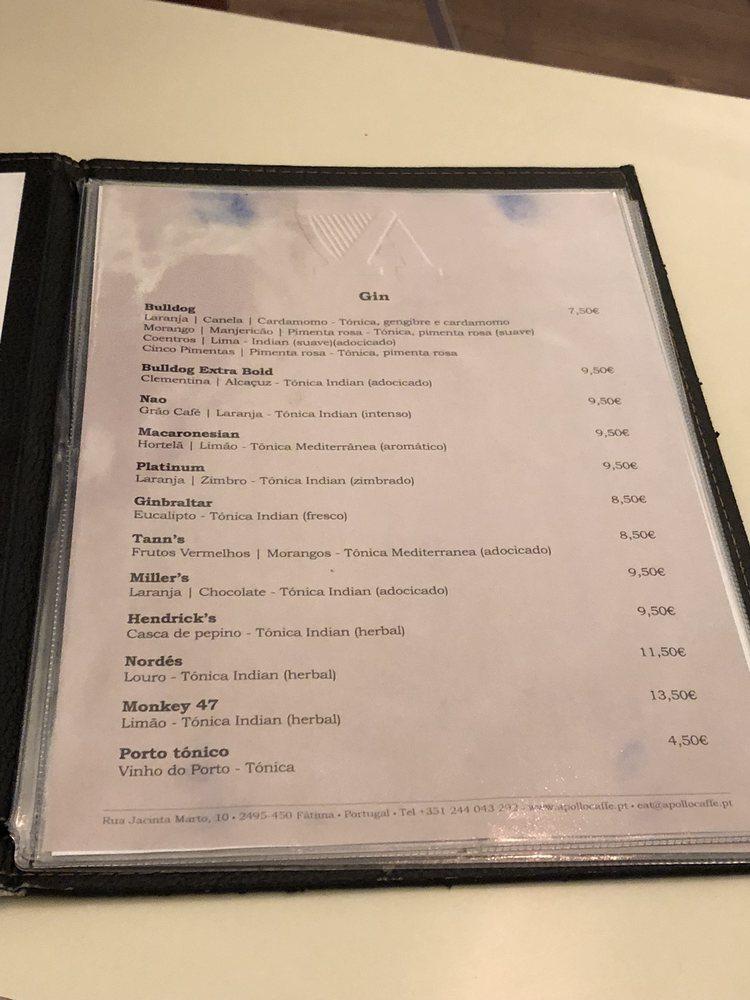 Menu at Apollo pub & bar, Fátima