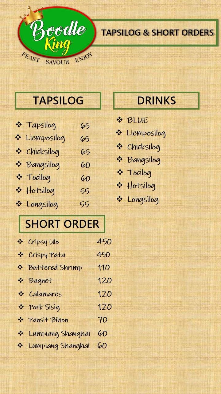 Menu at Boodle King restaurant, Valenzuela