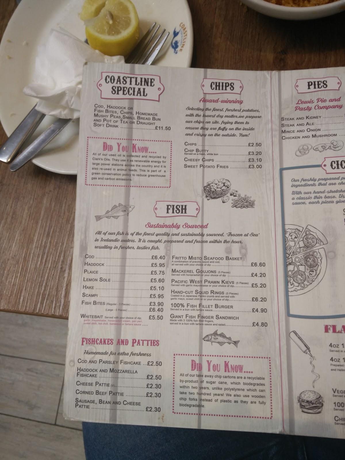 Menu at Coastline restaurant, Blyth