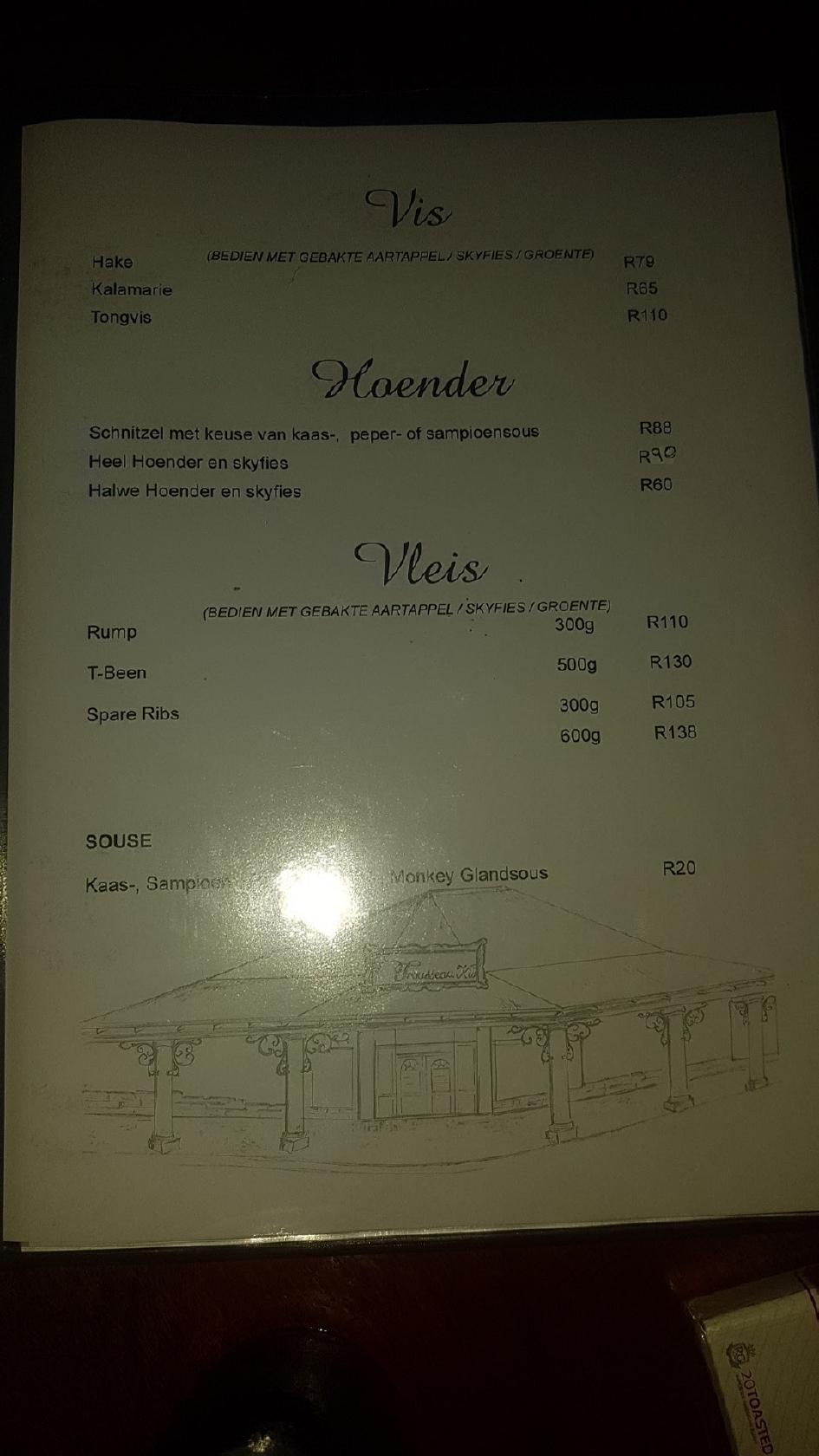 Menu at Die Trousseaukis Vrede restaurant, Vrede