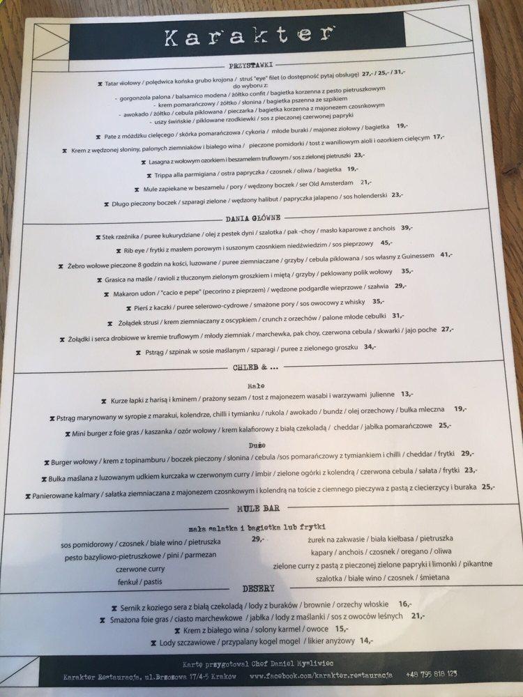 Menu at Karakter restaurant, Kraków