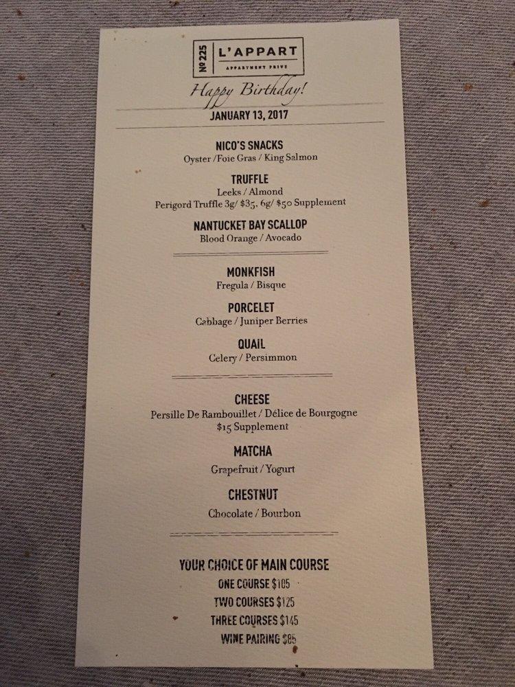 Menu at L'Appart restaurant, New York City