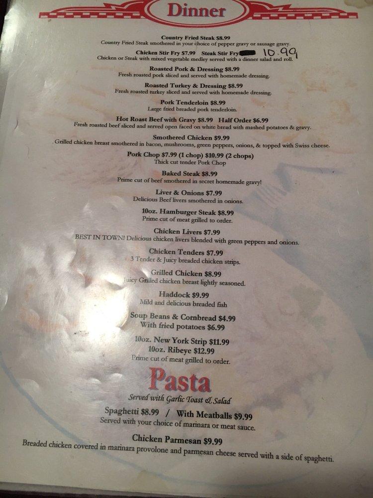 Menu at Mary B's Diner restaurant, Parkersburg