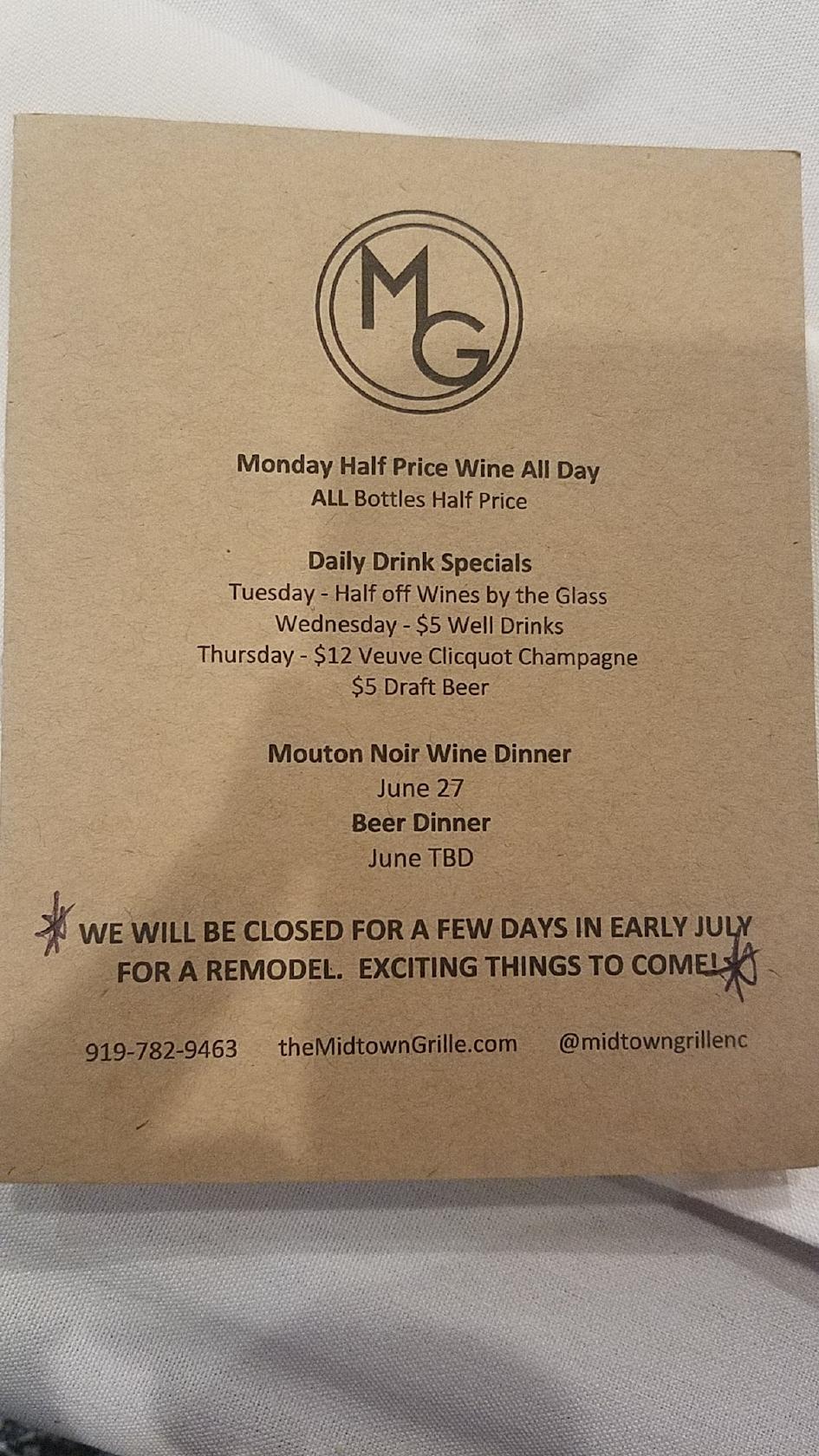 Menu at Midtown Grille pub & bar, Raleigh