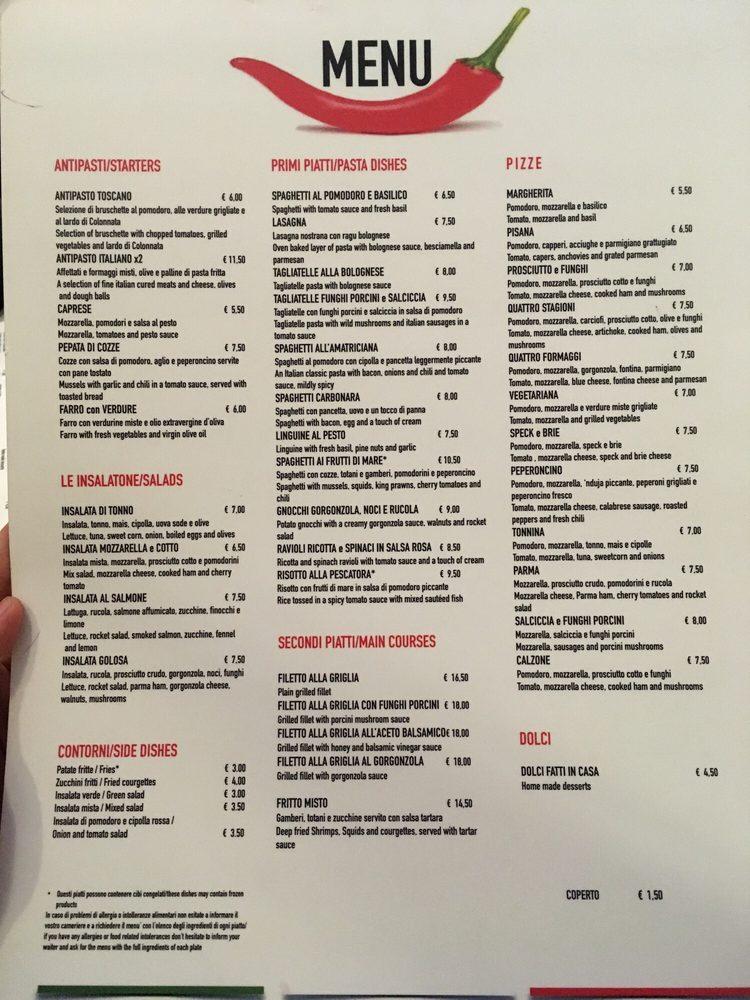 Carta del restaurante Il Peperoncino, Pisa