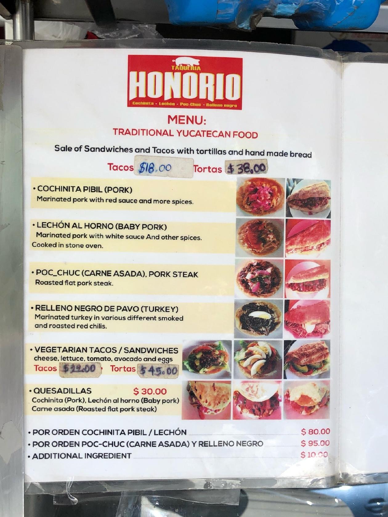 Menu at Taqueria Honorio restaurant, Tulum