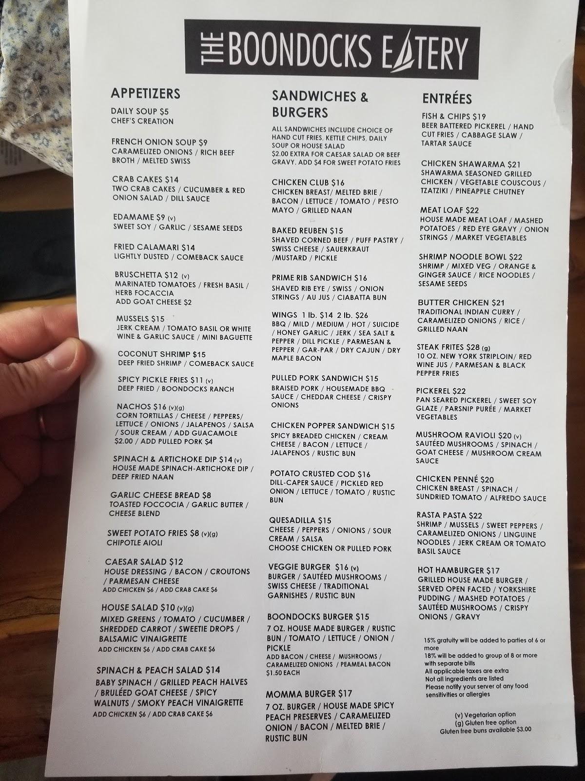 Menu at The Boondocks Eatery restaurant, Georgina