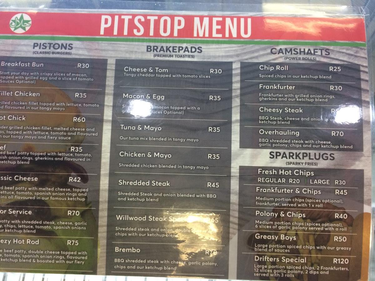 Menu at The Pitstop Cafe, Johannesburg, Caltex Garage