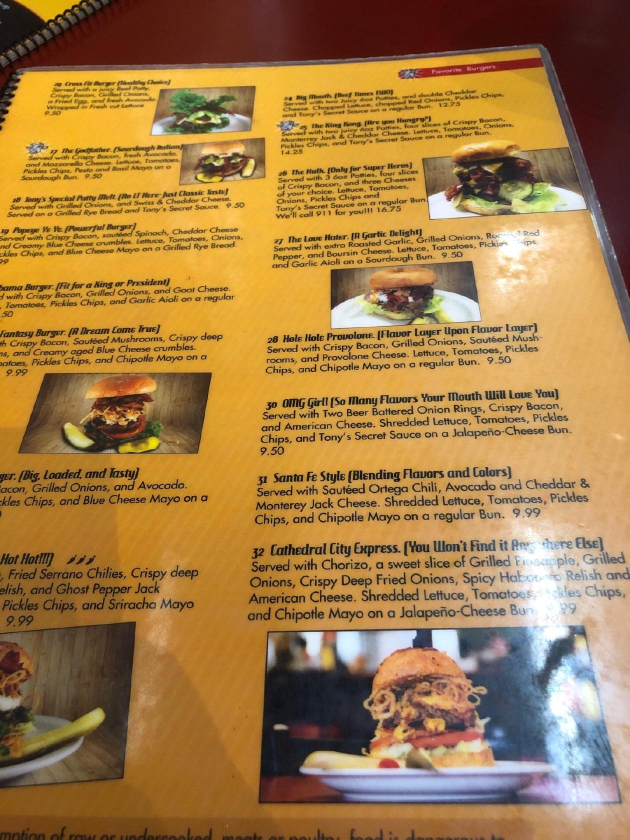 Menu at Tony's Burgers restaurant, Cathedral City, Date Palm Dr