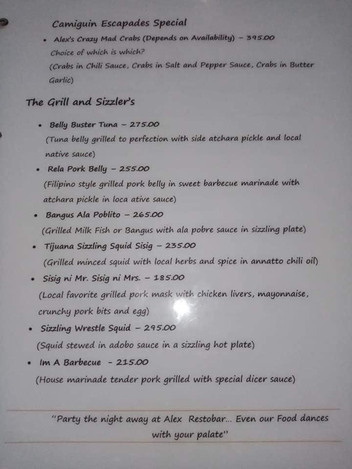 Menu at Alex Restaurant + Bar, Mambajao