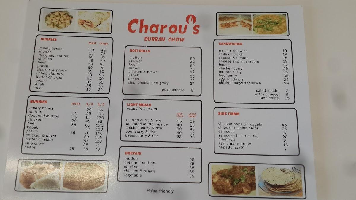Menu at Charou's Durban Chow restaurant, Kloof