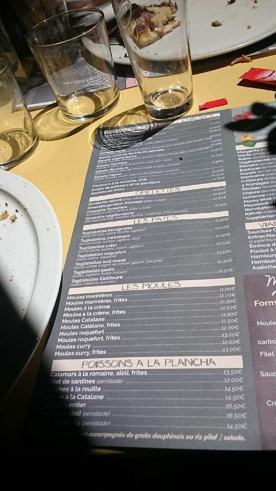 Menu at L'Arcade pizzeria, Collioure