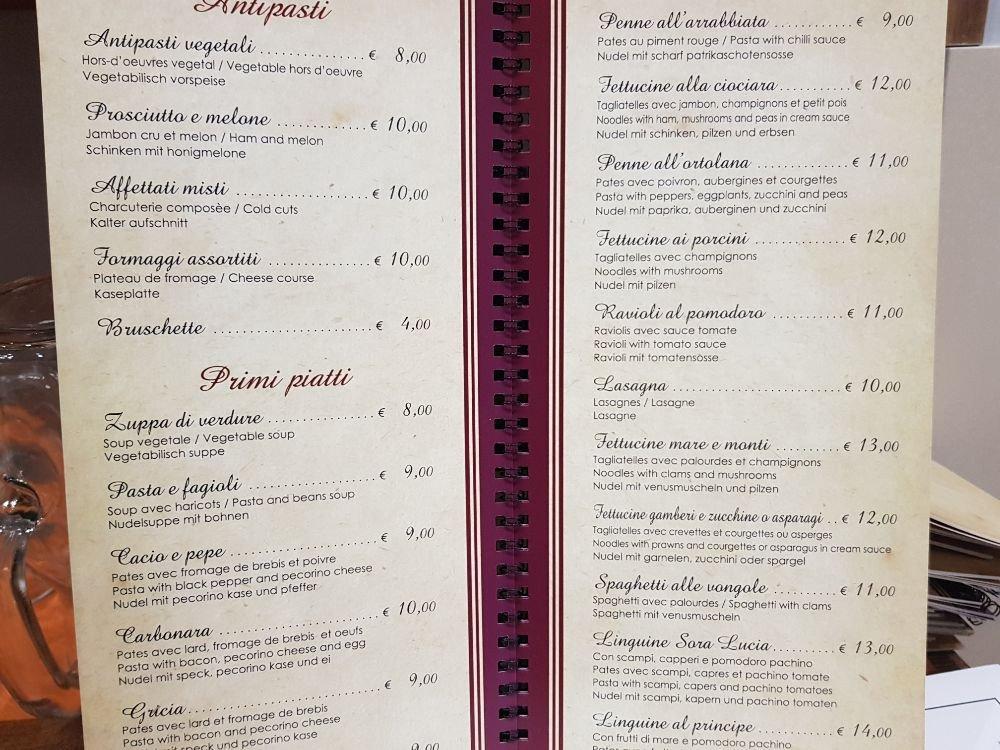 Menu at Sora Lucia restaurant, Rome