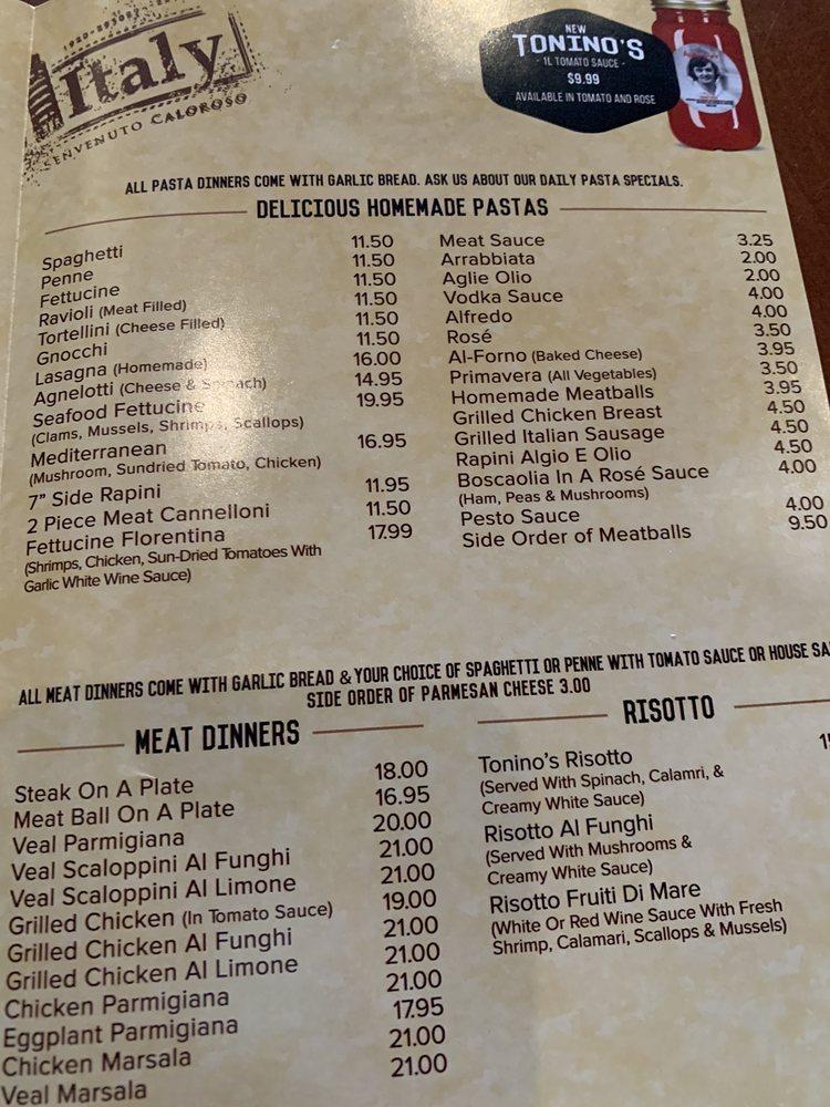 Menu at Tonino's Pizzeria & Panini, Brampton