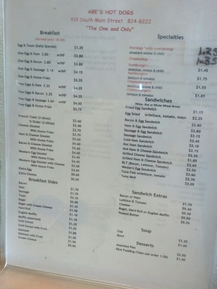 Menu at Abe's Hot Dogs restaurant, Wilkes-Barre, 419 S Main St