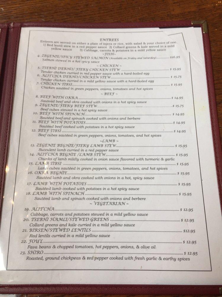 Menu at Asmara Restaurant, Portland