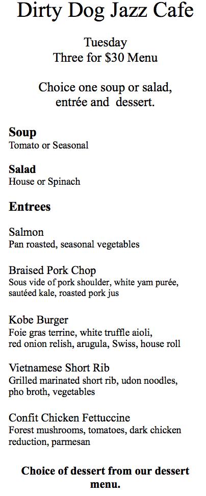 Menu at Dirty Dog Jazz Cafe, Grosse Pointe Farms