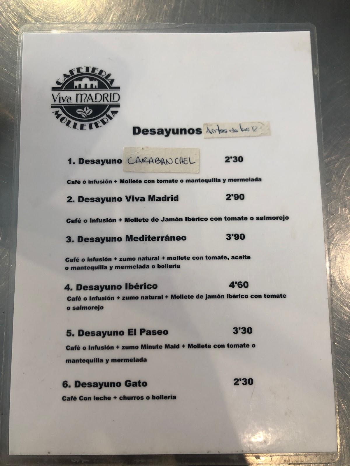 Menu at El paseo Viva madrid cafe, Madrid