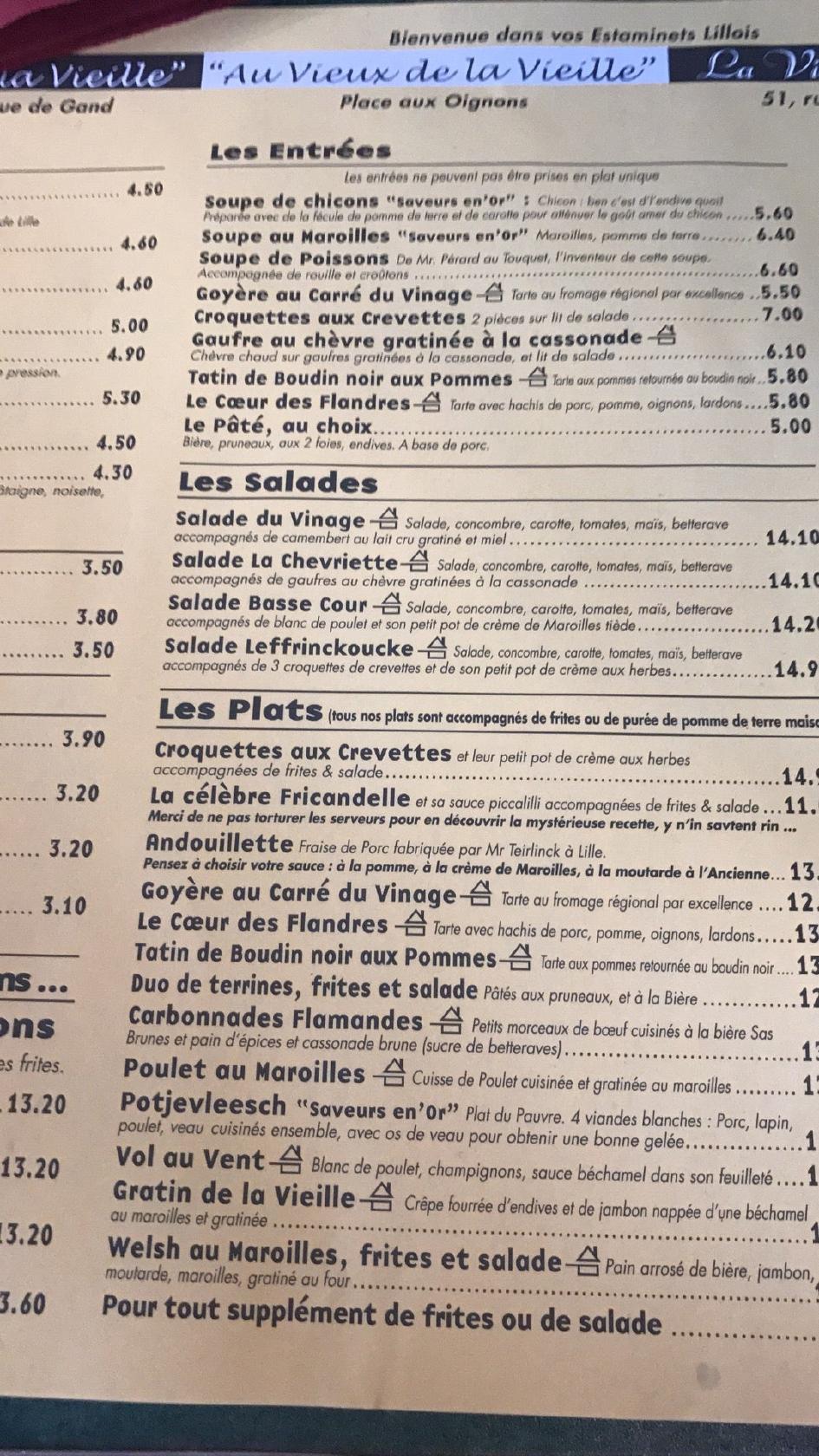 Menu au Estaminet Au Vieux De La Vieille restaurant, Lille