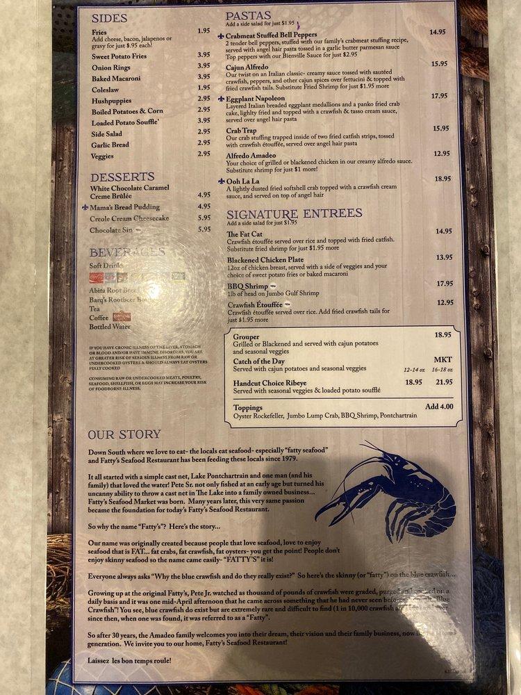 Menu at Fatty's Seafood Restaurant, Picayune