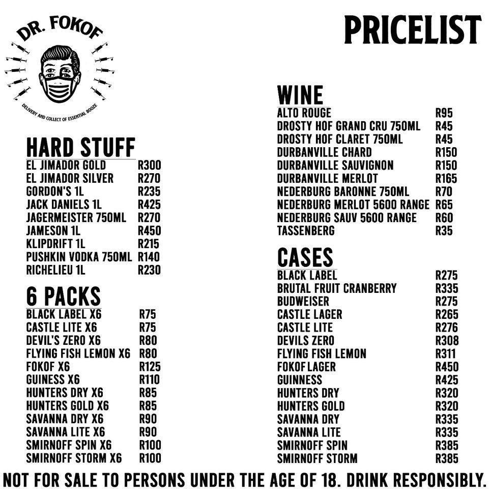 Menu at Fokof Bar, Pretoria