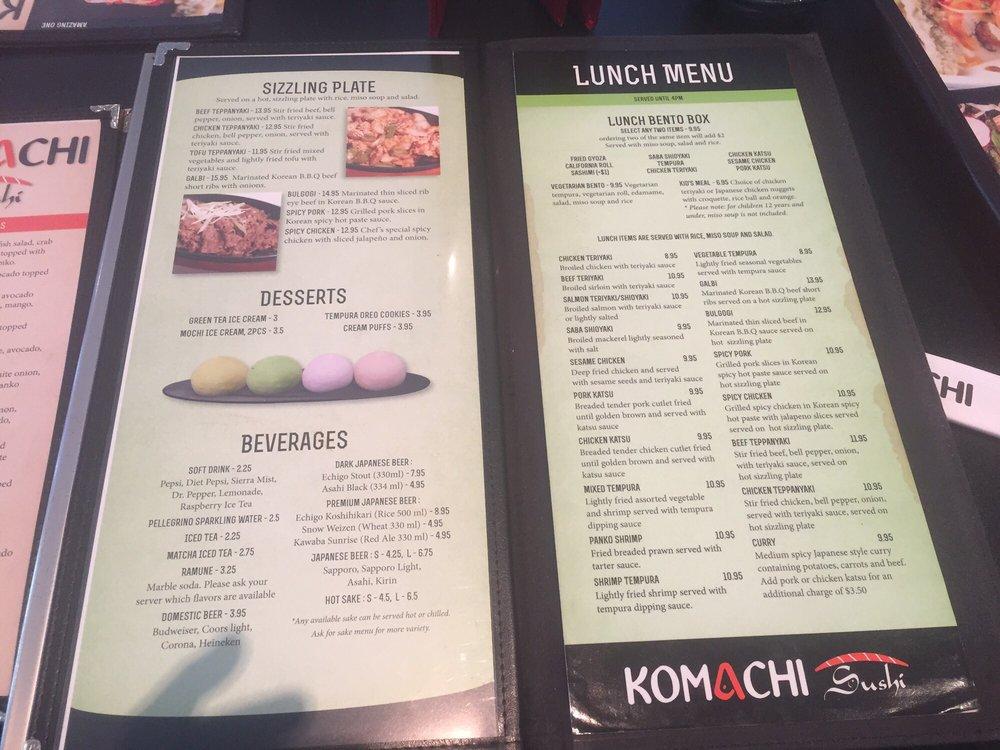 Menu at Sushi Komachi restaurant, Lodi