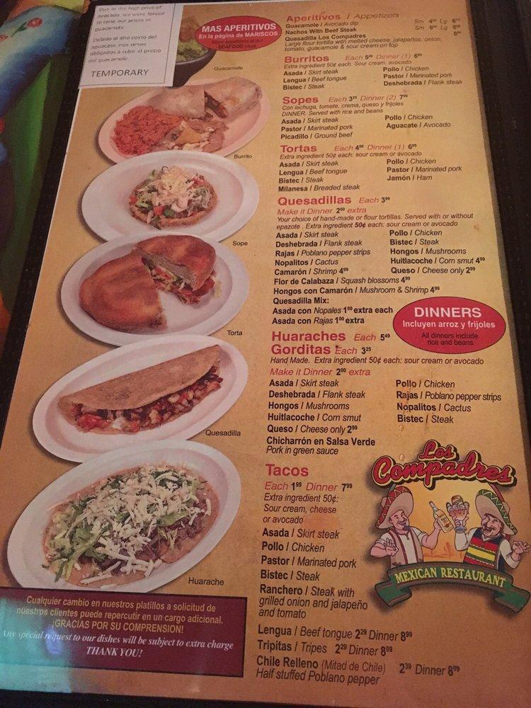 Menu at Los Compadres restaurant, Chicago Heights, Chicago Rd