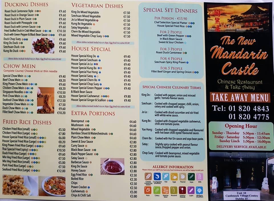 Menu at Mandarin Castle fast food, Dublin