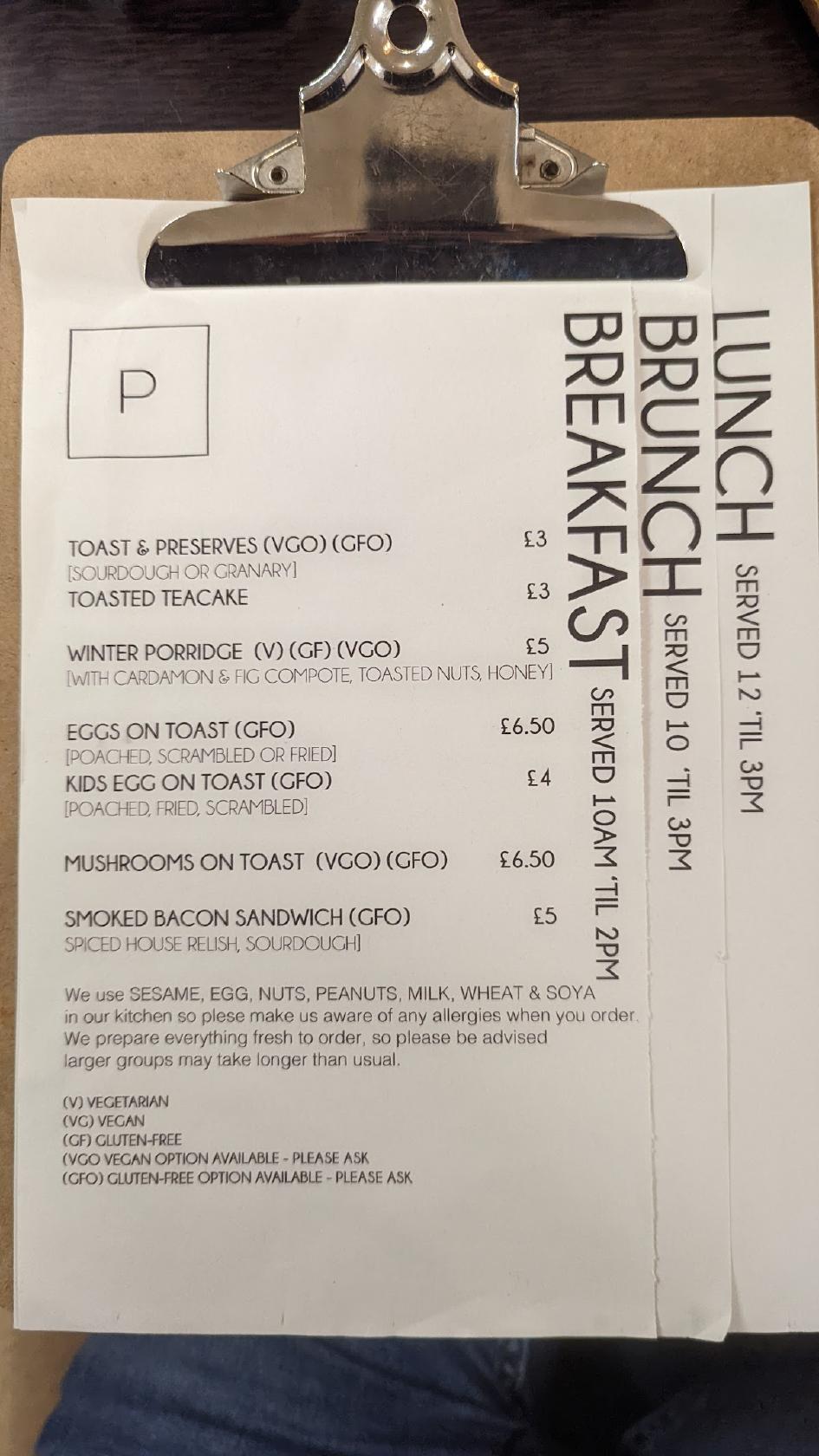 Menu at Projects Store & Kitchen cafe, Winchester