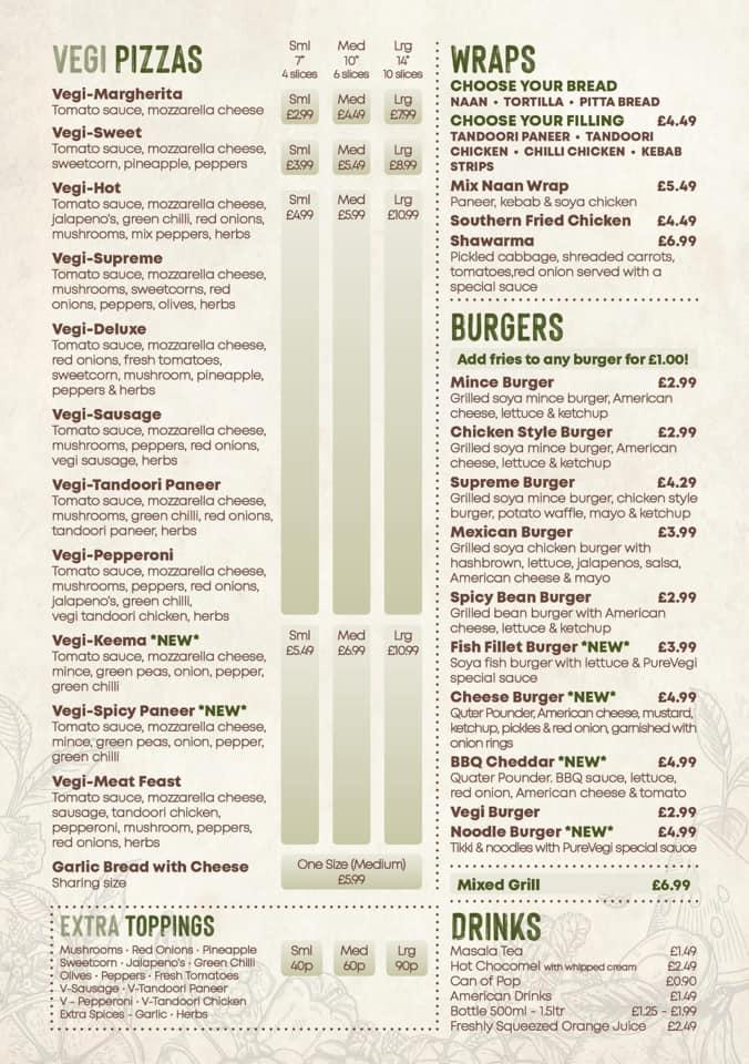 Menu at Pure Vegi restaurant, Birmingham
