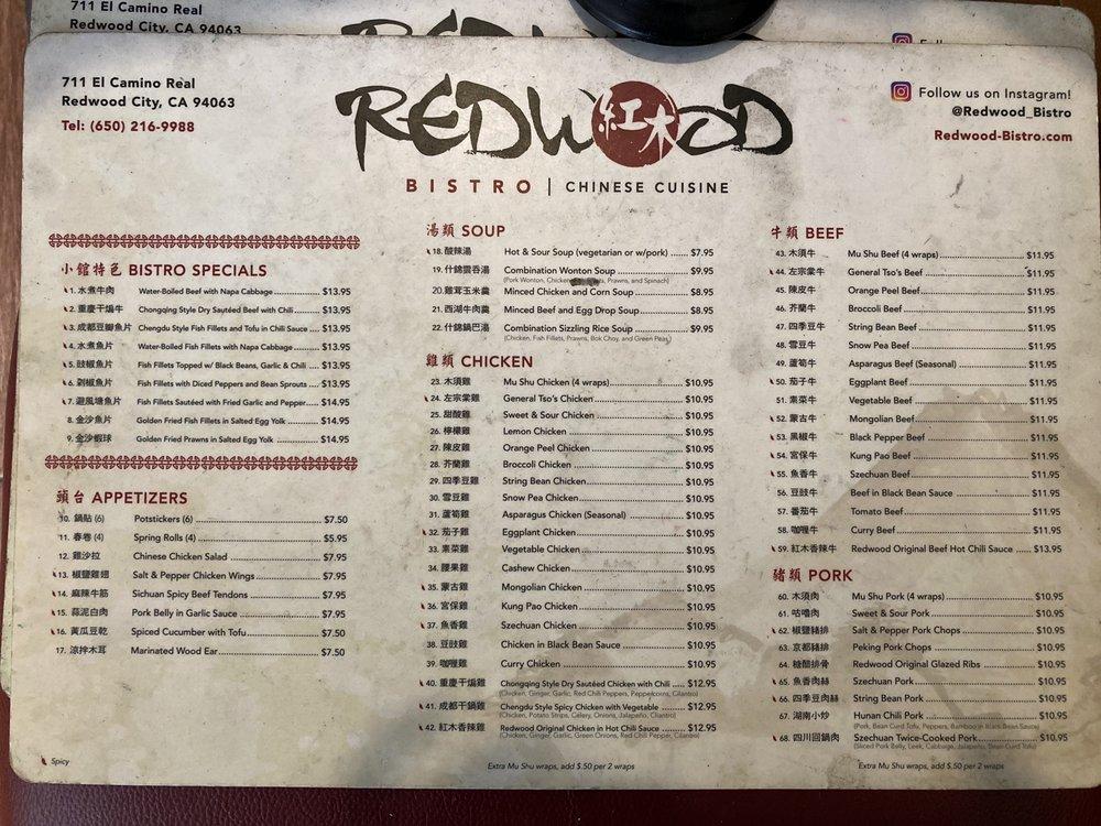 Menu at Redwood Bistro restaurant, Redwood City, 711 El Camino Real