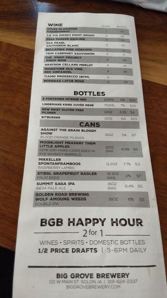 Menu at Big Grove Brewpub-Solon, Solon