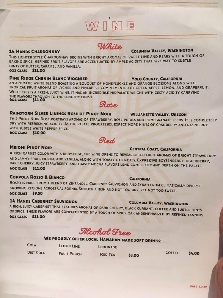 Menu at The Mezzanine at Hana Koa pub & bar, Honolulu