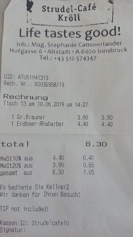Menu at Strudel Cafe Kroll, Innsbruck