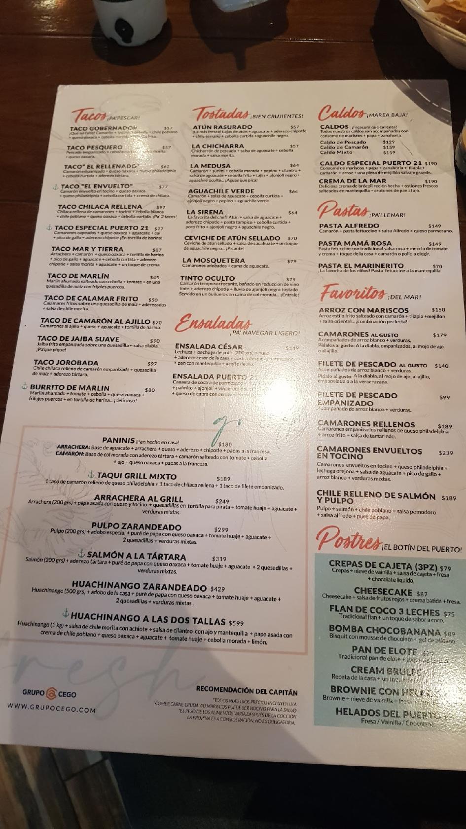 Menu at Al Sazón Mexicano Moctezuma restaurant, Saltillo